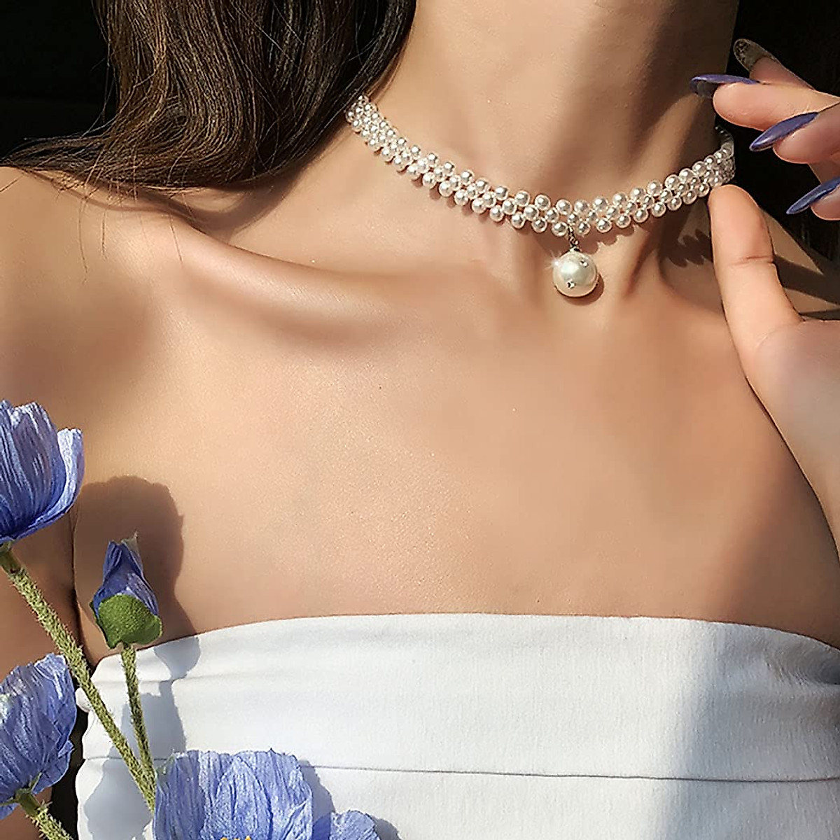 Jeairts Pearl Choker Necklace Silver Crystal Short Necklaces Row Pearl Pendant Necklace Jewelry for Women and Girls