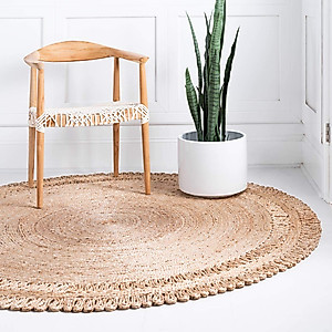 Unique Loom Braided Jute Collection Classic Quality Made Natural Hand Woven With Circle Swirl Details Area Rug, 4' 0 x 4' 0 Round