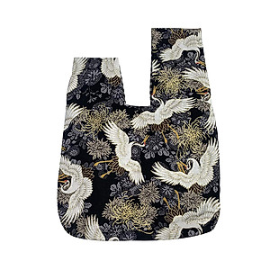 BAR Stylish Cotton Japanese Pattern Wrist Bag Sleeve Knot Pouch Portable Canvas Tote Purse for Female, Women (Black Grus Japonensis)