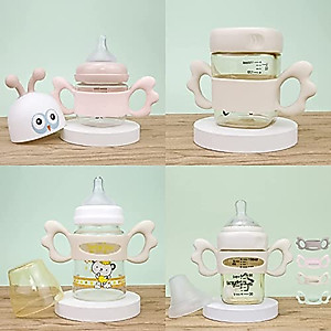 FAREVER Baby Bottle Handles, Silicone Wide-Neck Baby Bottle Handle, Outer Diameter Over 6cm for Bottle Pink/White/Green/Grey (4 Pack)