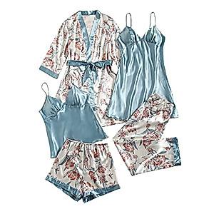 MakeMeChic Women's 5 Piece Sleepwear Floral Satin Cami Pajama Set Silk Nightgown with Robe Blue L