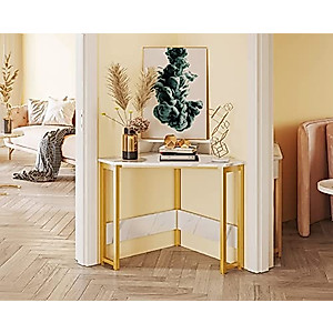 ODK Corner Desk Space Saving Small Desk with Sturdy Steel Frame, Computer Desk with Monitor Stand for Small Space, Easy Assembly Triangle Vanity Desk with Durable Wooden Desktop (Marble)