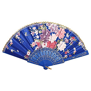 GJHL Fan Best Chinese Style Dance Wedding Party Lace Silk Folding Hand Held Flower Fan Summer Vintage Folding Hand Held Flower Fans Decor Hand Fan (Color : Dark Blue)