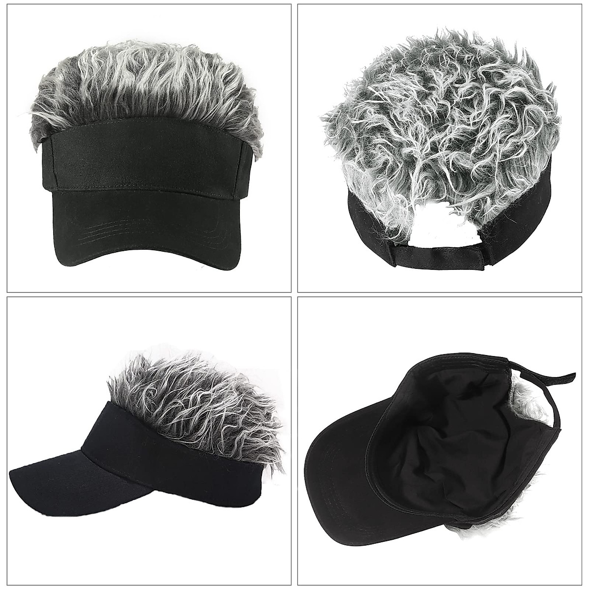 Regilt Adjustable Sun Visor Hat with Wig Spiked Hairs Fashion Baseball Golf Cap for Men & Women (3pcs-Black Gray)