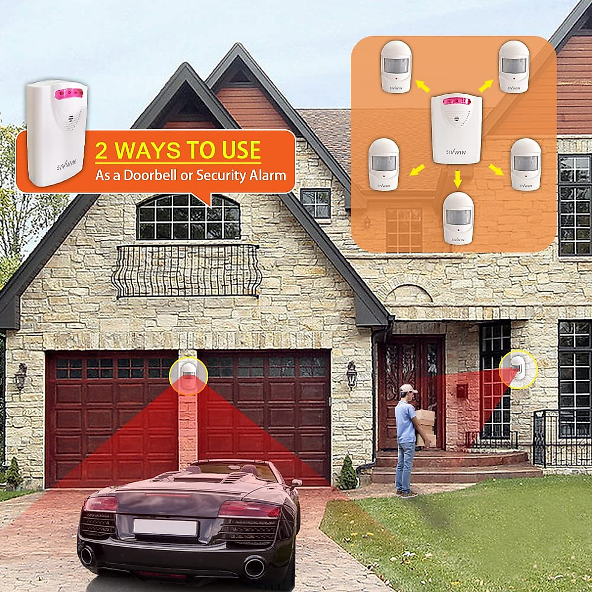 4VWIN Wireless Home Security Driveway Alarm 1 Receiver and 1 PIR Motion Sensor Detector Infrared Alert System Kit