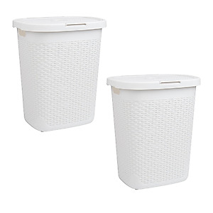 Mind Reader 50L Slim Laundry Hamper, Clothes Basket, Lid, Wicker Design, Plastic, 17.65"L x 13.75"W x 21"H, White