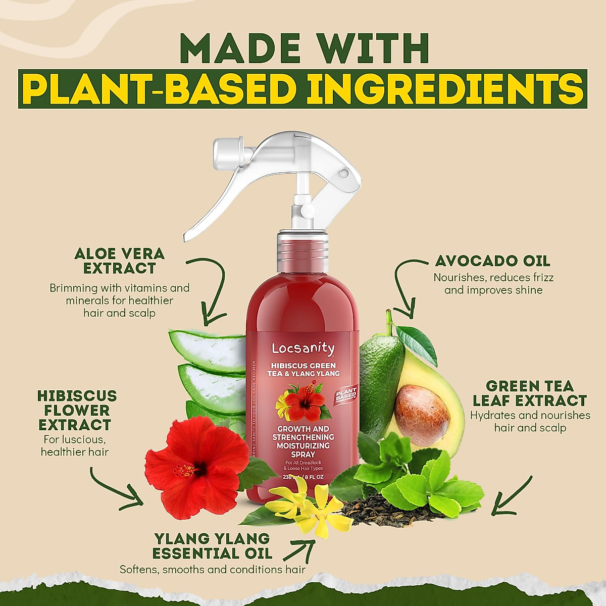 Locsanity Hibiscus Green Tea Hair Growth Spray for Dreadlocks and Loose Hairstyles Hair Care Treatment – Loc Moisturizer for Thicker, Fuller, Longer Hair (8oz)