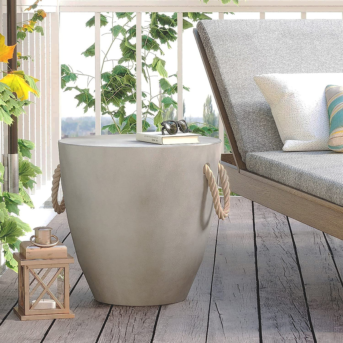 HOMPUS Concrete Outdoor Side Table Drum Accent Light Gray Modern End Table, Round Coffee Table with Rope Handle Garden Stool Decor for Garden, Indoor, Living Room