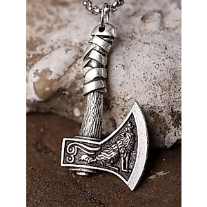 HAQUIL Viking Battle Axe Necklace, Wolf Raven Axe Amulet Pendant, Stainless Steel Box Chain, Authentic Viking Jewelry Men (AD)