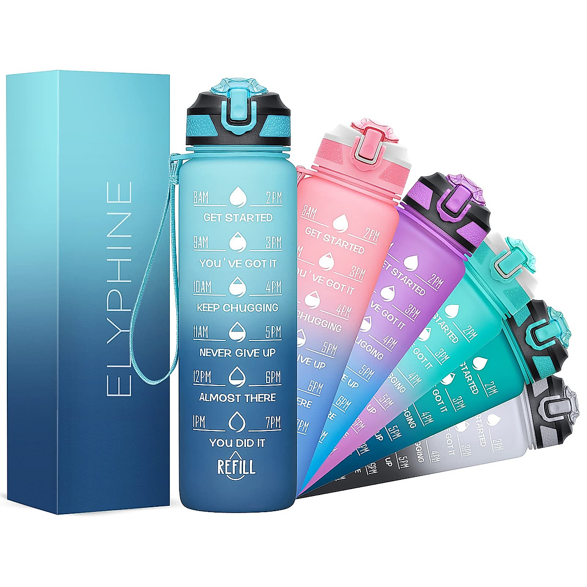 ELYPHINE 32/24 oz Water Bottles with Removable Straw & Time Marker, Motivational Sports Bottles with BPA Free Tritan Material, Leakproof Water Jug for Fitness