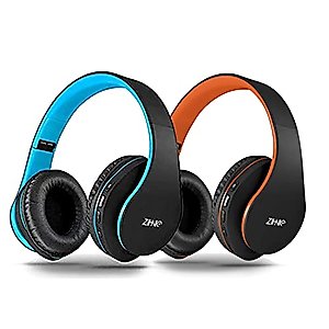 2 Items,1 Black Blue Zihnic Over-Ear Wireless Headset Bundle with 1 Black Orange Zihnic Foldable Wireless Headset