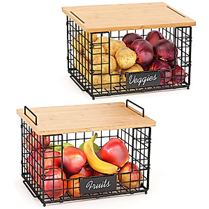 2 Pack XXL Stackable Wire Baskets with Bamboo Top for Pantry Organizers and Storage, Kitchen Organization Counter Basket for Fruit, Vegetable, Produce, Bread, Potato and Onion Storage Bins