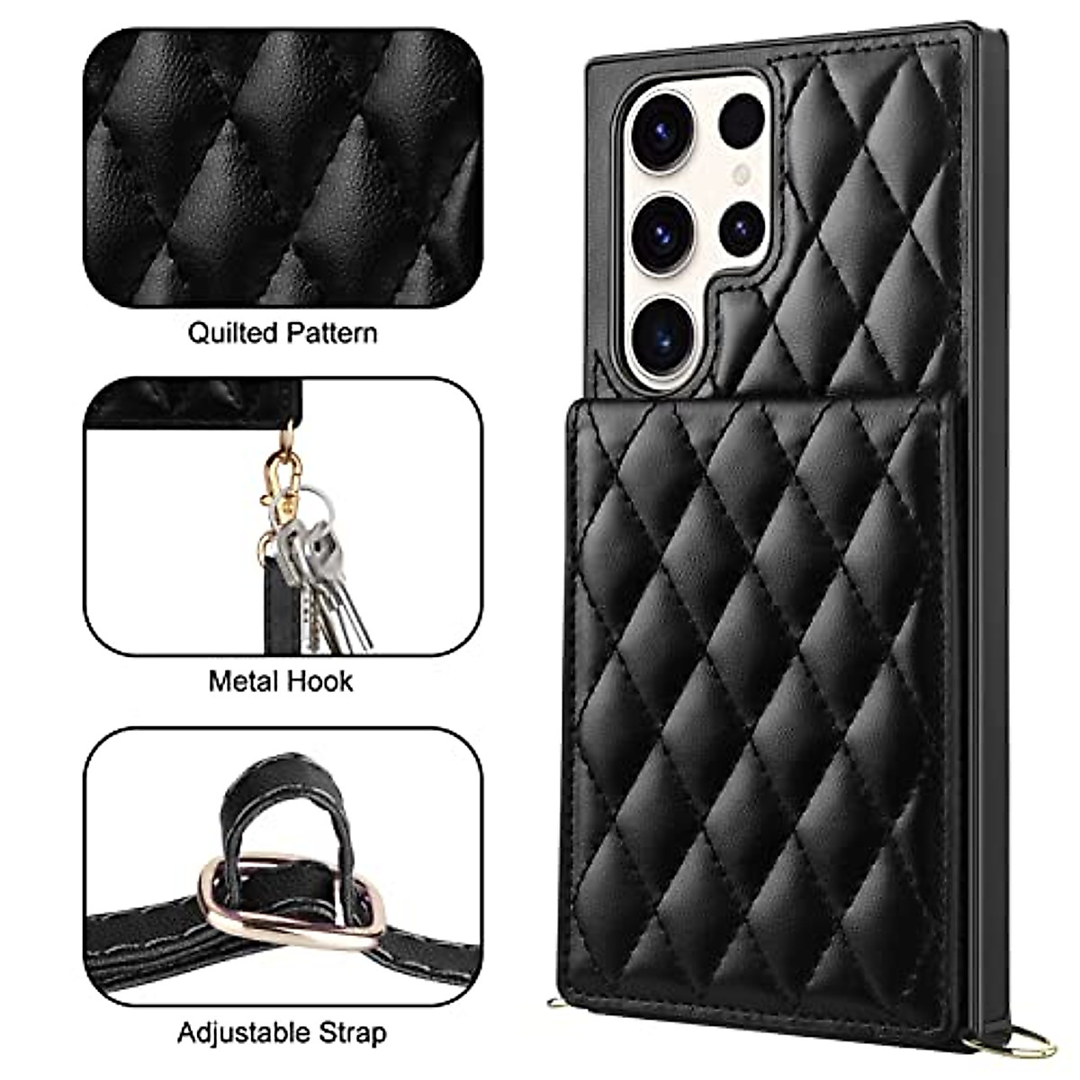 Coolden for Galaxy S23 Ultra Cases 6.8" Quilted Leather Women Luxury Phone Cover Crossbody Strap Kickstand Slim Square Armor Card Holder Slots Wallet Case for Samsung Galaxy S23 Ultra, Black