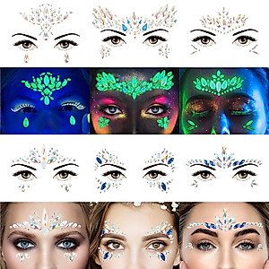 6 Sheets Face Jewels Gems Self-adhesive Rhinestone, 30g Chunky Body Eye Hair Glitter, Rave Festival Outfits Clothes Iridescent Crystals Stickers Rainbow Body Makeup Tattoo Kit(3 luminous)