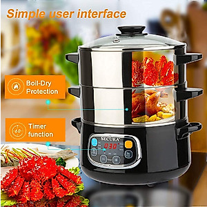 Secura Electric Food Steamer, Vegetable Double Tiered Stackable Baskets with Timer 1200W Fast Heating Stainless Steel Digital Steamer 8.5 Quart