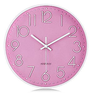 Lafocuse 12 Inch 3D Numbers Pink Wall Clock for Living Room Decor, Modern Kitchen Wall Clock Battery Operated Silent Non-Ticking Bedroom Home Office
