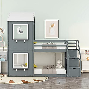 LOVMOR Twin Over Twin Bunk Bed with Storage Stairs,Wood Bed with Roof, Window, Guardrail, Ladder，Gray+White