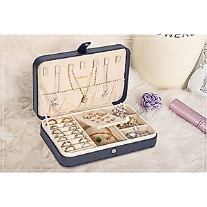 LANDICI Small Jewelry Box for Women Girls, PU Leather Travel Jewelry Organizer Case, Portable Jewellery Storage Holder Display for Ring Earrings Necklace Bracelet Bangle Watch Men Kids Gift, Dark Blue