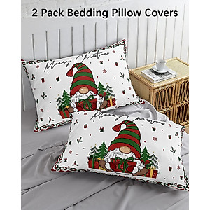 Edwiinsa Gnomes Red Pillow Covers Standard Size Set of 2 Bed Pillow, Plush Soft Comfort for Hair/Skin Cooling Pillowcases with Envelop Closure 20x26 Inches Christmas Green Tree Gift Snowflake White