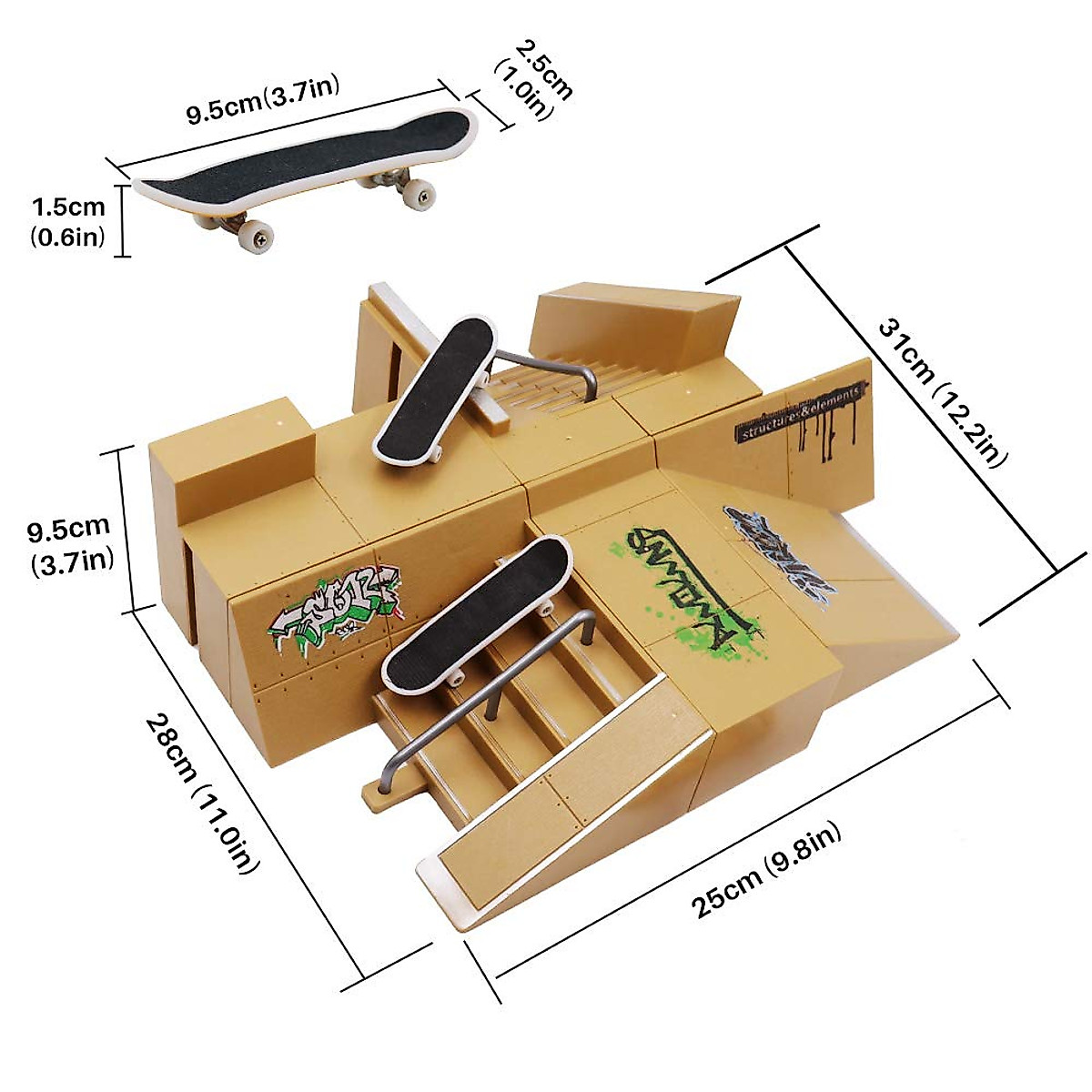 icoko Skate Park Kit, 8 PCS Skate Park Kit Ramp for Mini Finger Skateboard Ultimate Parks Training Props with 3 Finger Skateboard and 4 Silicone Mat Set