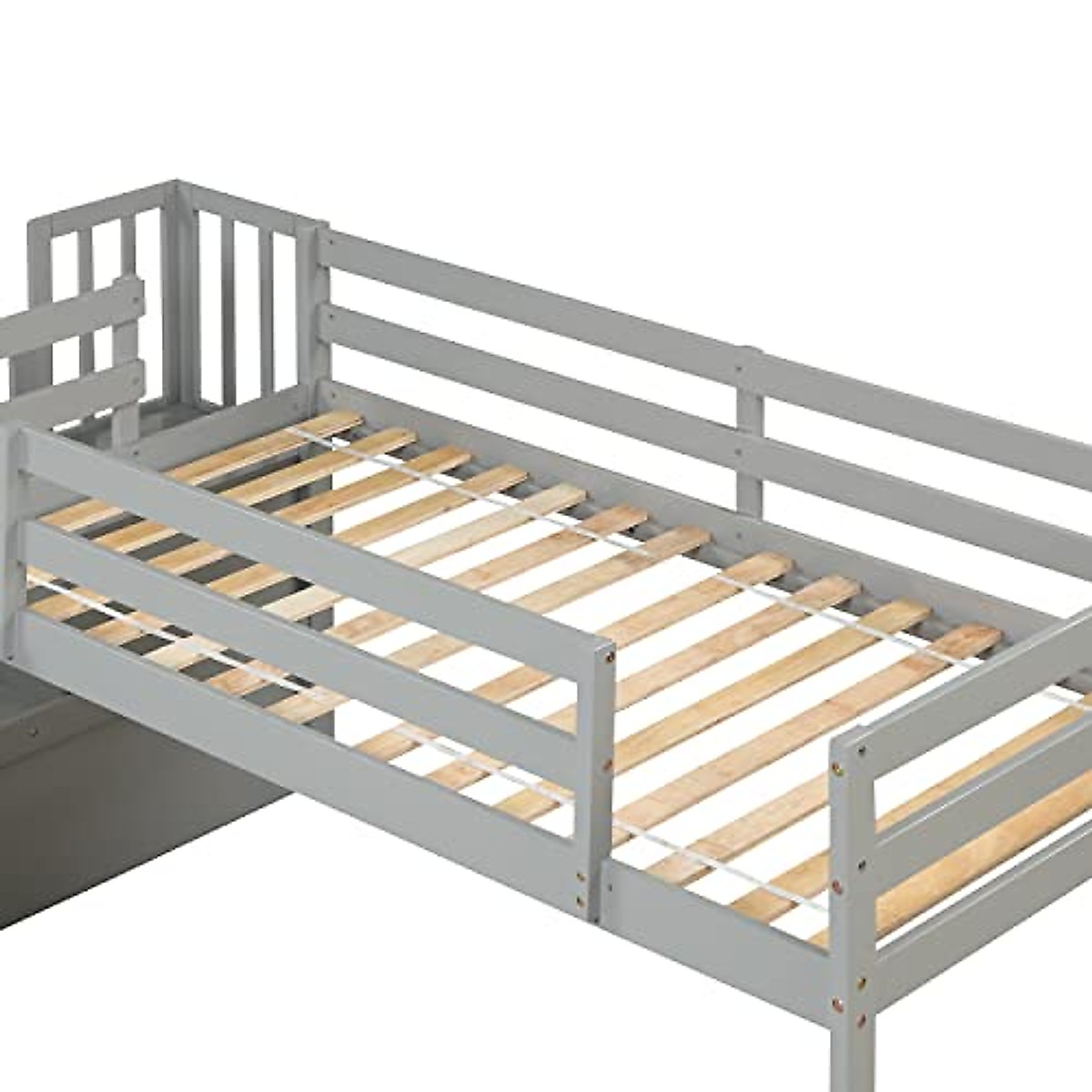 HABUHOME Loft Bed with Staircase, Storage, Slide, Twin Size, Full-Length Safety Guardrails, No Box Spring Needed, Grey