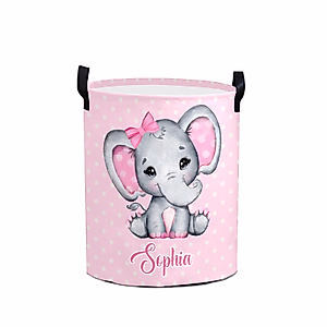 Personalized Wave Point Elephant Pink Waterproof Laundry Basket Handles Collapsible Hamper Storage Basket for Office Bathroom