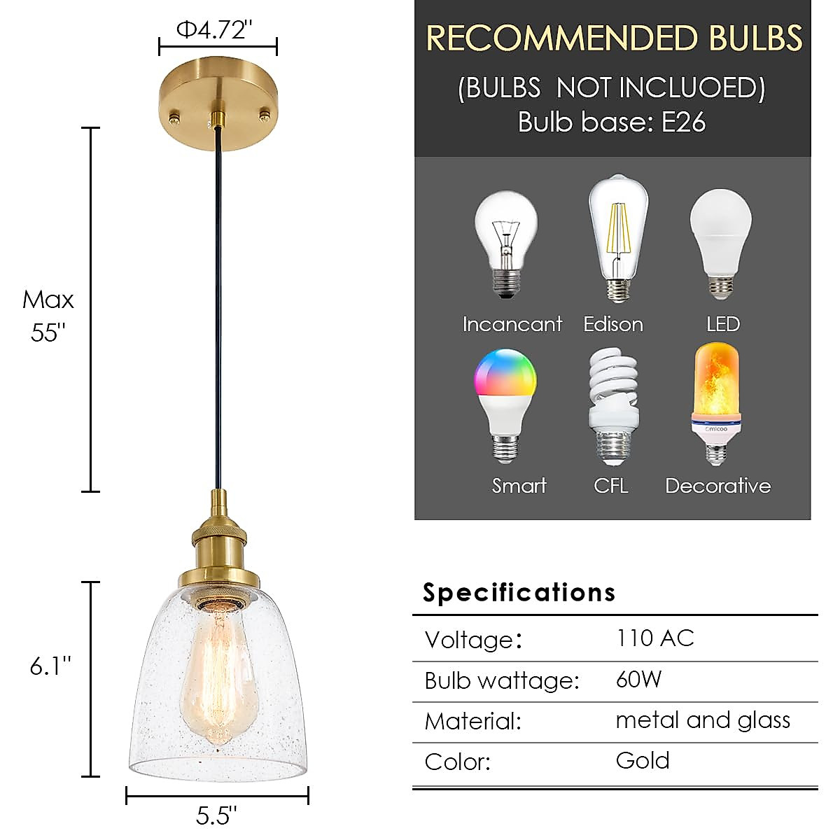 IMPIOIO Gold Pendant Light Seeded Art Glass Shade Mini Modern Hanging Light Fixture for Dining Roon, Over Sink, Hallway, Foyer