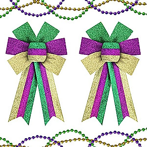 Estivaux 2 Pieces Mardi Gras Bows for Wreath, Mardi Gras Wreath Bows Glitter Green Purple Gold Stripe Bows Fat Tuesday Bows Bows for Front Door Mardi Gras Masquerade Party Decorations
