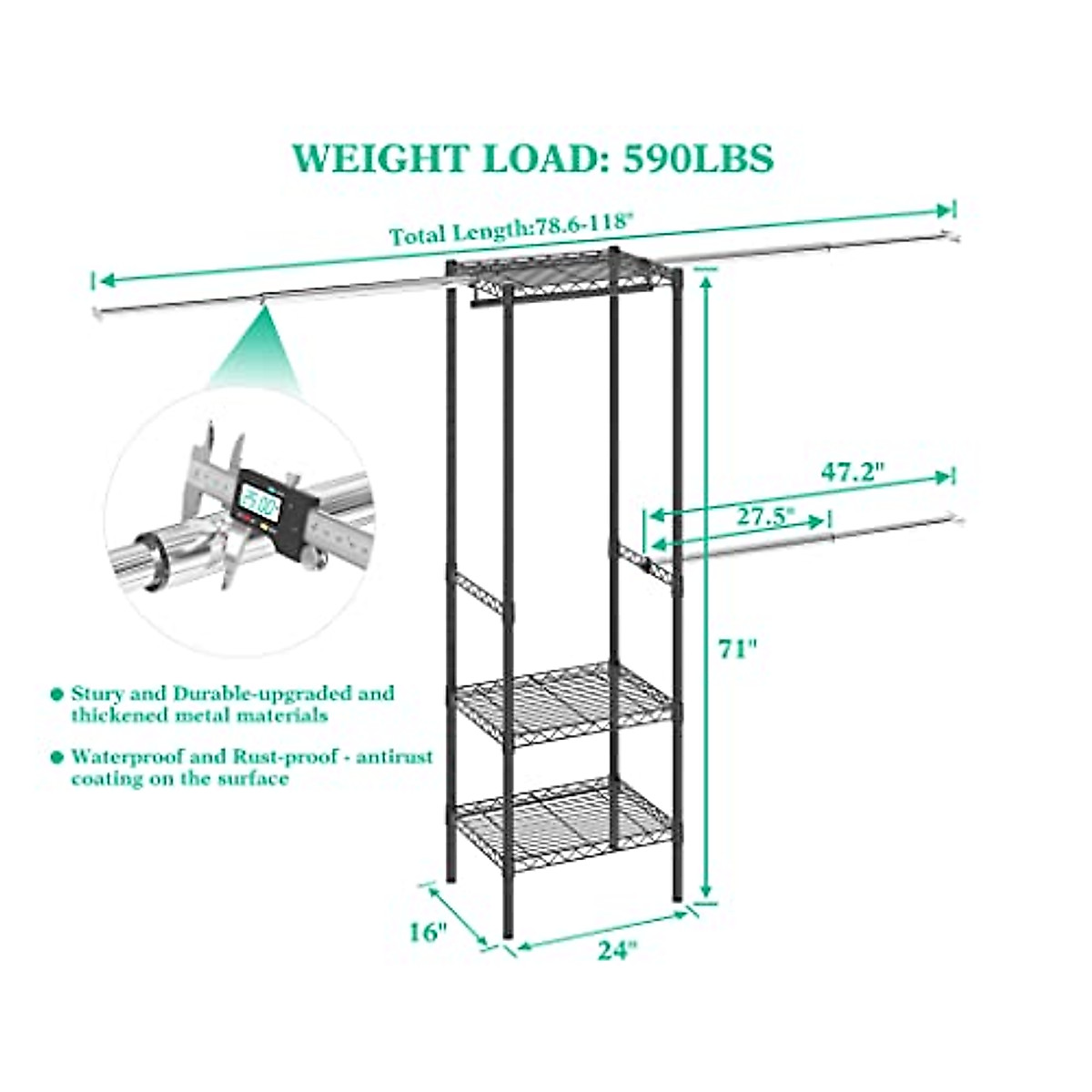Raybee Closet Organizers and Storage System, 590Lbs Capacity Closet Systems for Walk in Closets with 3 Expandable Hanger Rods, Wall Mounted, 24"-118"L x 16"W x 71"H, Black