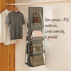 RAUYIVANY 2 Packs Hanging Handbag Purse Organizer, Hanging Purse Organizer Bag Storage Hanger Closet Organizer with Metal Hook, 8 Clear Pockets for Home Closet Bedroom(Grey and Black)