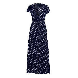 XIMIN Women's Fashion Casual Short Sleeve V-Neck Low Cut Printed Polka Dot Dress Beach Maxi Dress (Navy, Size:XXXL)