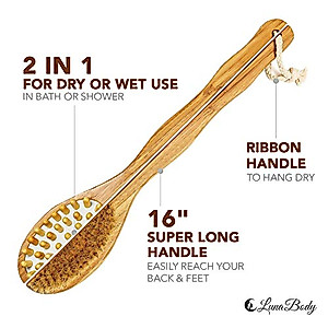 LunaBody Bamboo Body Brush for Back Scrub - Natural Boar Bristle Shower Brush Scrubber with Long Handle - Exfoliate Skin and Cellulite - Wet or Dry