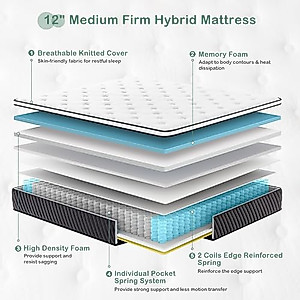 Full Size Mattress, SZSL 12" Hybrid Memory Foam and Individual Pocket Springs Mattress for Comfy Support and Pressure Relief, Medium Firm Mattress in a Box, Motion Isolation, CertiPUR-US Certified