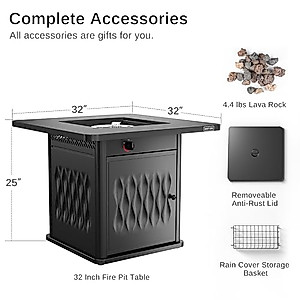 EAST OAK 32'' Propane Fire Pit Table, 50,000 BTU Steel Gas FirePit for Outdoor, Outside Patio Deck and Garden, CSA Certified Fire Table with Magnetic Lid, Cover-Storage Basket and Lava Rock , Black
