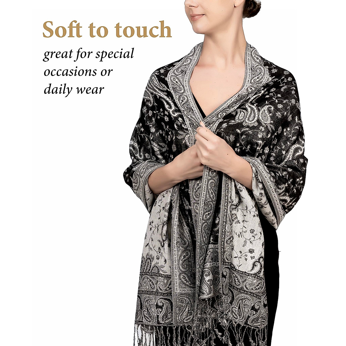Achillea Soft Silky Reversible Paisley Pashmina Shawl Wrap Scarf w/Fringes (Black White)