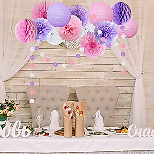 ANSOMO Pink and Purple Party Decorations Paper Fans Lanterns Pom Poms Hanging Wall Décor Bridal Baby Shower Birthday Wedding