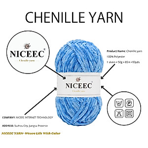 NICEEC 3 Skeins Soft Chenille Yarn Blanket Yarn for Knitting Fancy Yarn for Crochet Weaving DIY Craft Total Length 3×85m (3×93yds, 3×50g)_Blue