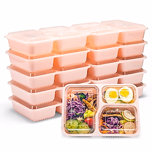 Glotoch Express Meal Prep Container 3 Compartment, 15 Packs 34 oz To Go Containers, Plastic Containers With Lids For Storage-Microwave&Freezer&Dishwasher Safe, Eco-Friendly, BPA-Free&Stackable, Pink