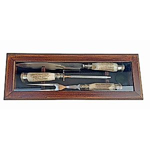 Carving set with deer handle and double nickel silver and steel ferrule in a wooden box with a glass lid