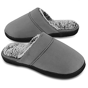 DL Memory Foam Slippers with Fuzzy Plush Lining, Slip-On House Slippers for Men & Women, Anti-Skid Rubber Sole, Indoor/Outdoor, Grey, 9-10