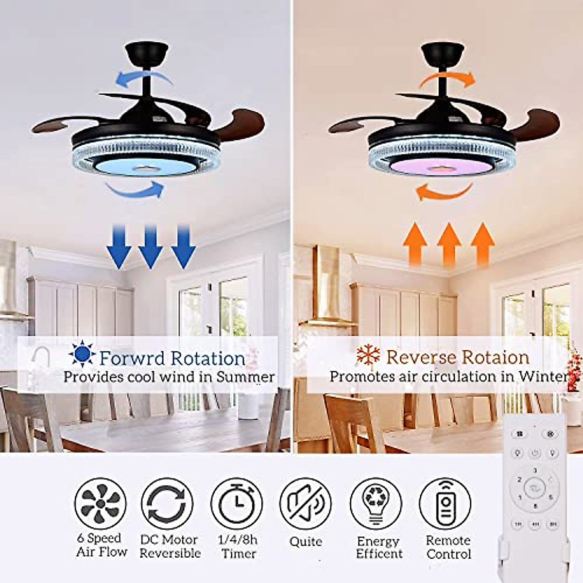 LUOLAX 42in Fandelier Ceiling Fan with Lights and Bluetooth Speaker,Modern Crystal Chandelier LED Fan 6 Speeds Fans Music with Remote Control Modern Crystal Invisible Blades with Silent Motor
