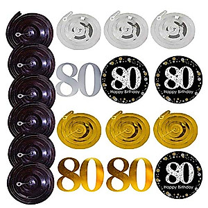 Famoby Black & Gold Glittery Happy 80th Birthday Banner,Poms,Sparkling 80 Hanging Swirls Kit for 80th Birthday Party 80th Anniversary Decorations Supplies