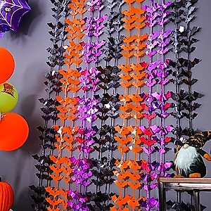 LOLStar Halloween Party Decoration, 2 Pack Black Orange and Purple Bat Photo Booth Props, 3.3 x 6.6 ft Halloween Foil Fringe Curtains, Halloween Photo Backdrop Streamers for Halloween Party Supplies