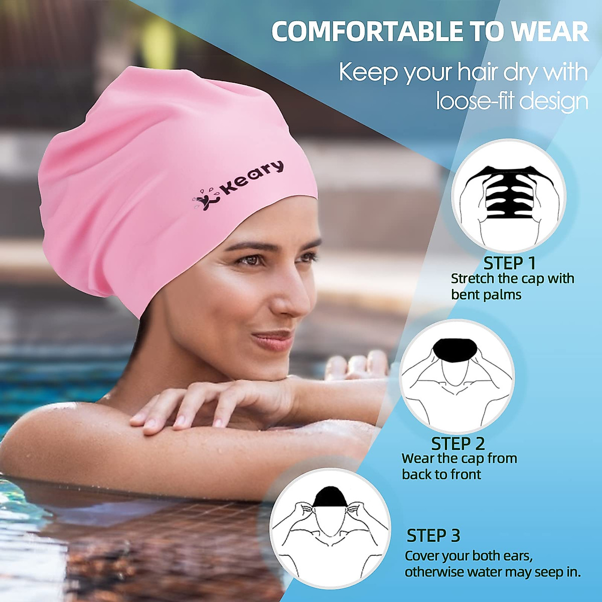 Extra Large Swim Cap for Braids and Dreadlocks Afro Hair Extensions Weave Long Hair, Waterproof Silicone Cover Ear Bath Pool Shower Swimming Cap for Women Men Youth Kids Girl , Pink, One size
