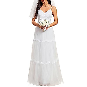 Ever-Pretty Women's Simple V-Neck Spaghetti Strap Beach Ball Gowns for Wedding White US16