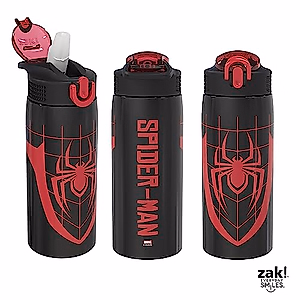 Zak Designs Marvel Spider-Man Water Bottle for Travel and At Home, 19 oz Vacuum Insulated Stainless Steel with Locking Spout Cover, Built-In Carrying Loop, Leak-Proof Design (Miles Morales)
