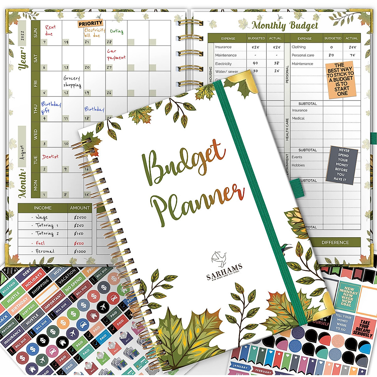 SARHAMS Budget Planner 5.8 x 8.1 Inches with 2 Pockets – Portable Undated Budget Book with Bill and Expense Tracker – 12 Month Planner to Track 2023 2024, Organize and Plan Your Finances