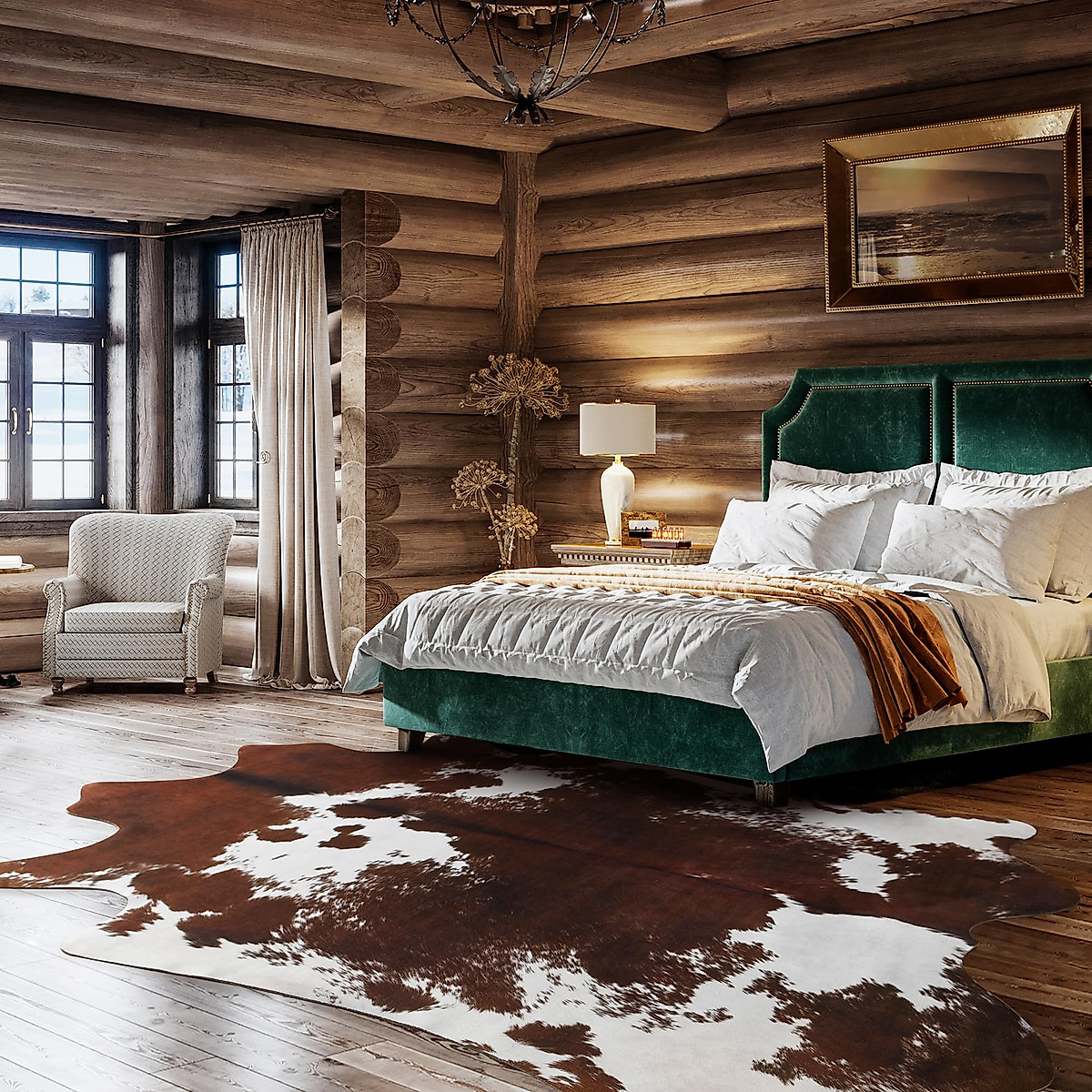 LYENDOS Cowhide Rug 5.2 x 6.2 Feet, Cow Hide Rug Durable No-Slip Backing, Faux Cowhide Rug Thickened Elastic, for Bedroom Living Room Home Office Western Decor