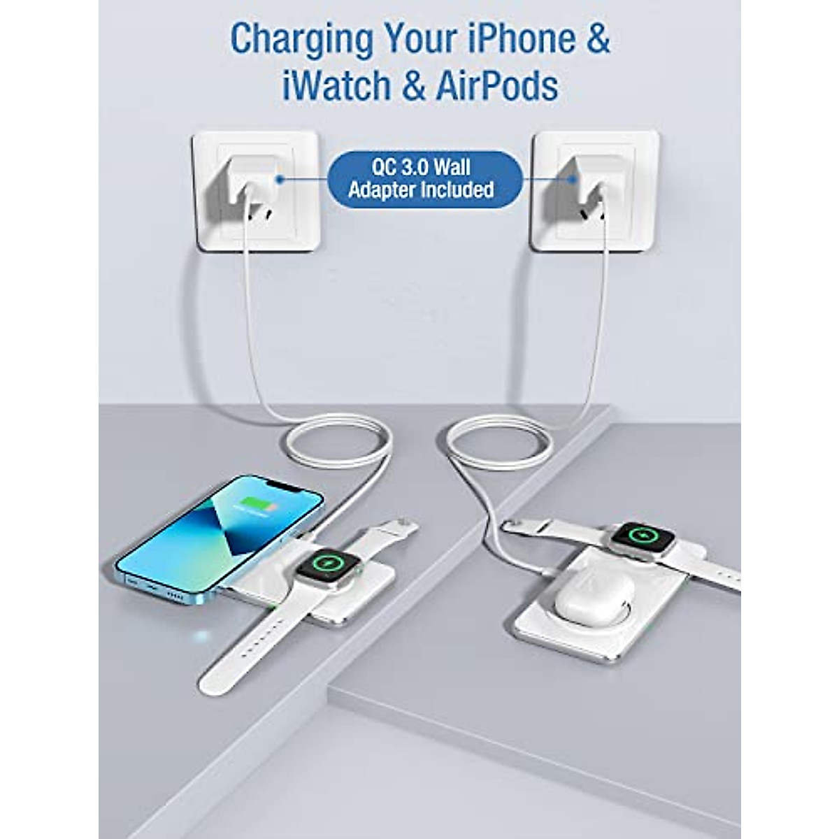 2 in 1 Wireless Charger, 15W Dual Wireless Charging Pad for iPhone 14/14 Pro/13/13 Pro/12/12 Pro/11/X/8, Samsung S23/S22/ S21/ Note 20, Airpods 3/2/Pro, iWatch 8/7/6/SE /5/4/ 3/2(with QC 3.0 Adapter)