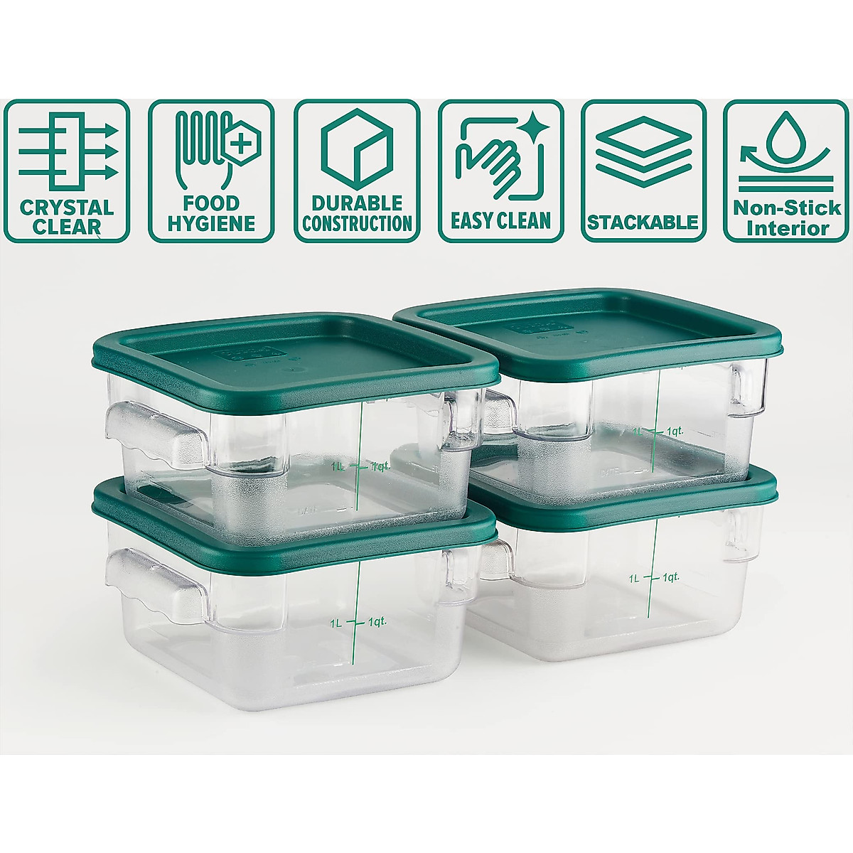 CURTA 4 Pack Food Storage Container with Green Lid - NSF Listed Commercial Grade in 2.0 Qt - Square, Clear, Polycarbonate